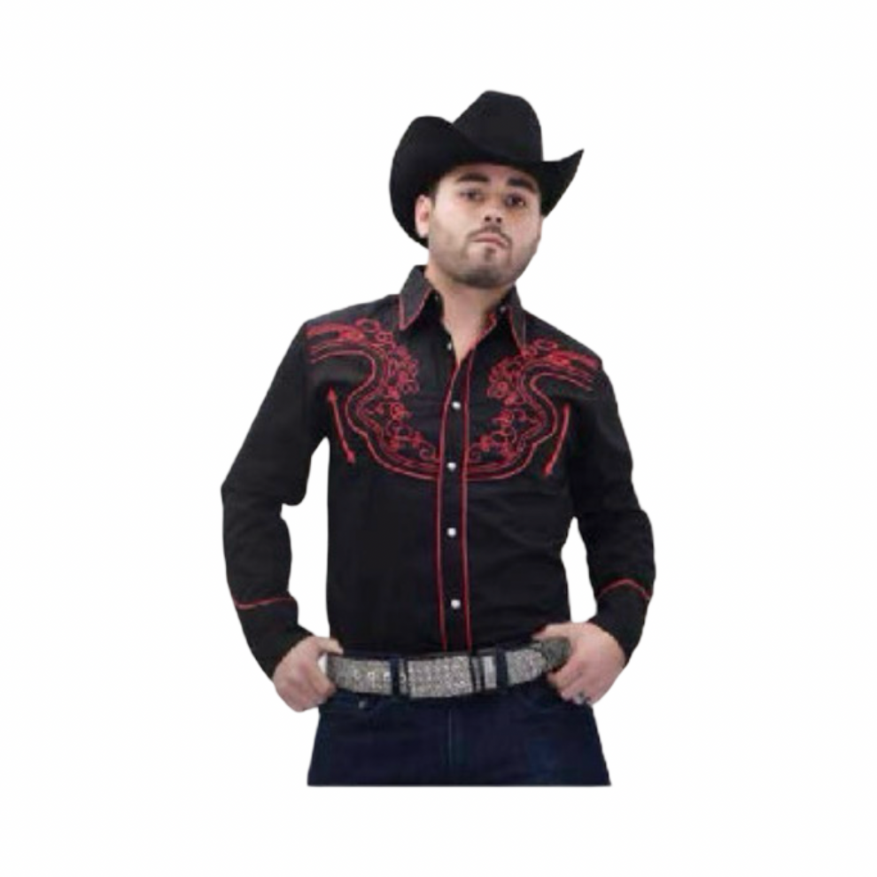 Camisa Vaquera Negra con Bordado Rojo Tradicional | White Diamonds – El ...